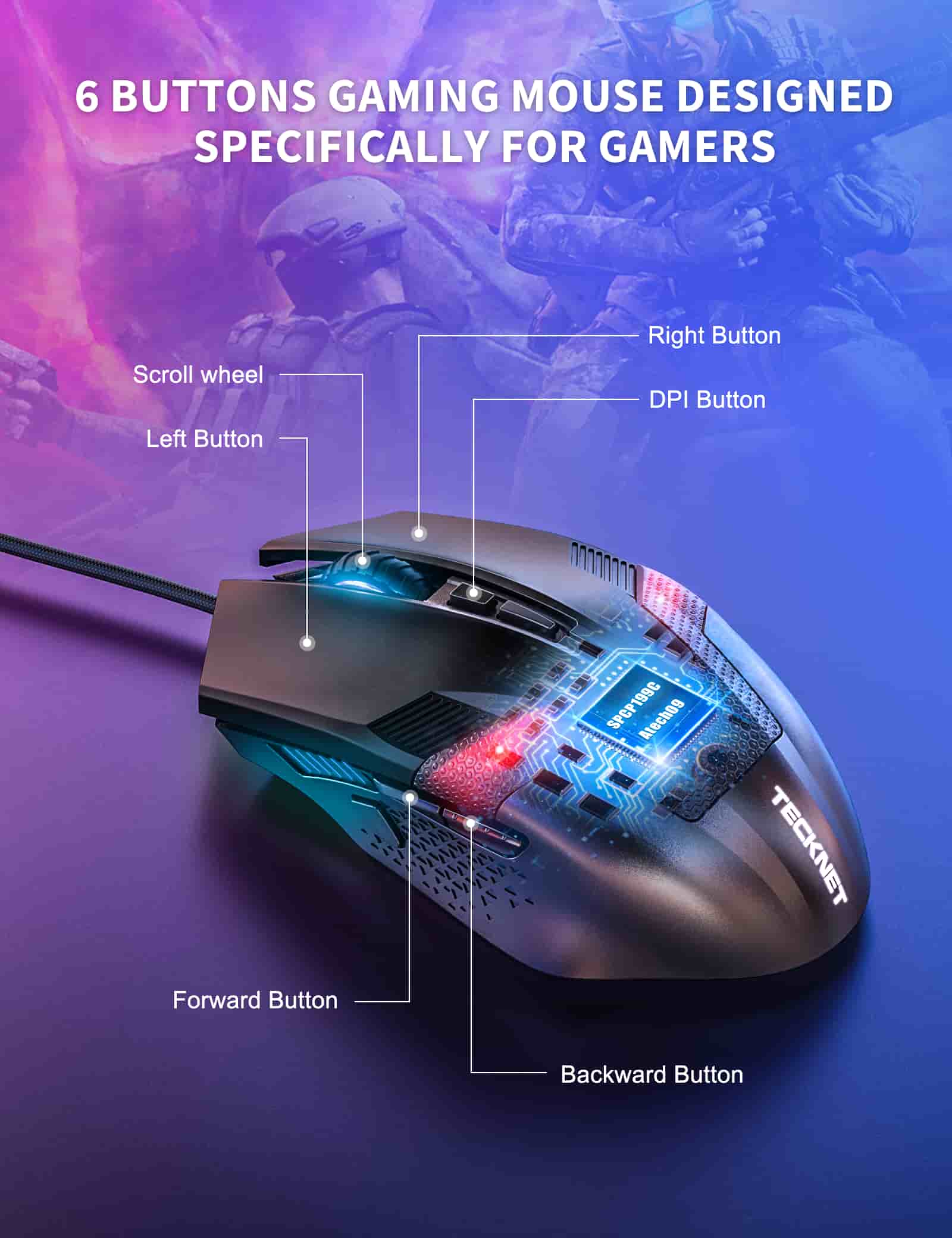 TECKNET RGB Wired Gaming Mouse with 6 Programmable Buttons, 8000 DPI O