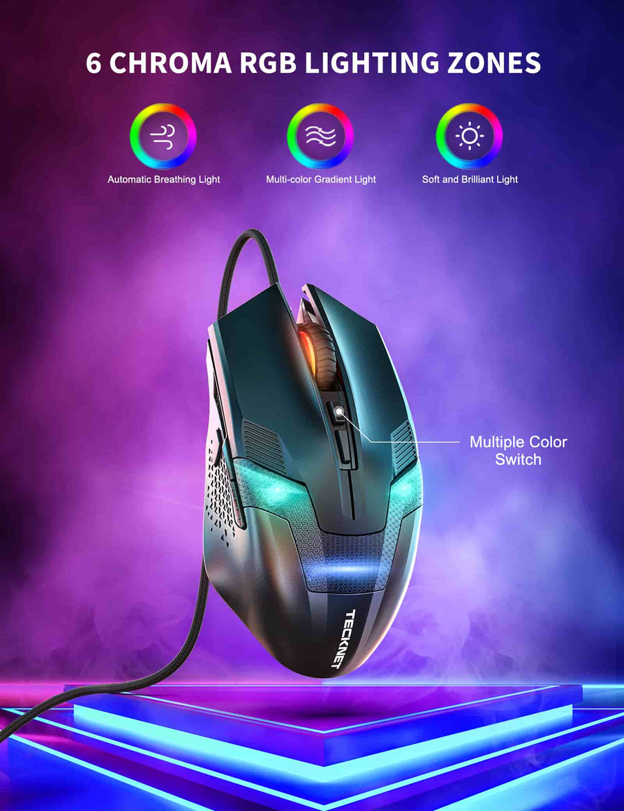 TECKNET RGB Wired Gaming Mouse with 6 Programmable Buttons, 8000 DPI O