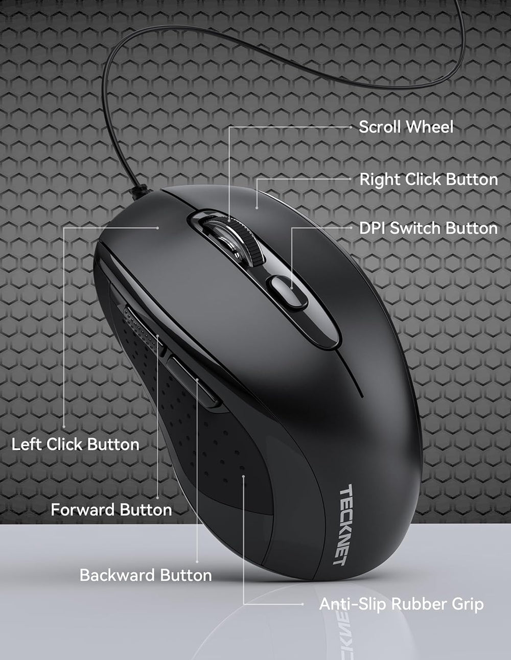 TECKNET Wired Mouse, Mice Wired Optical USB Computer Mouse With 3600 D