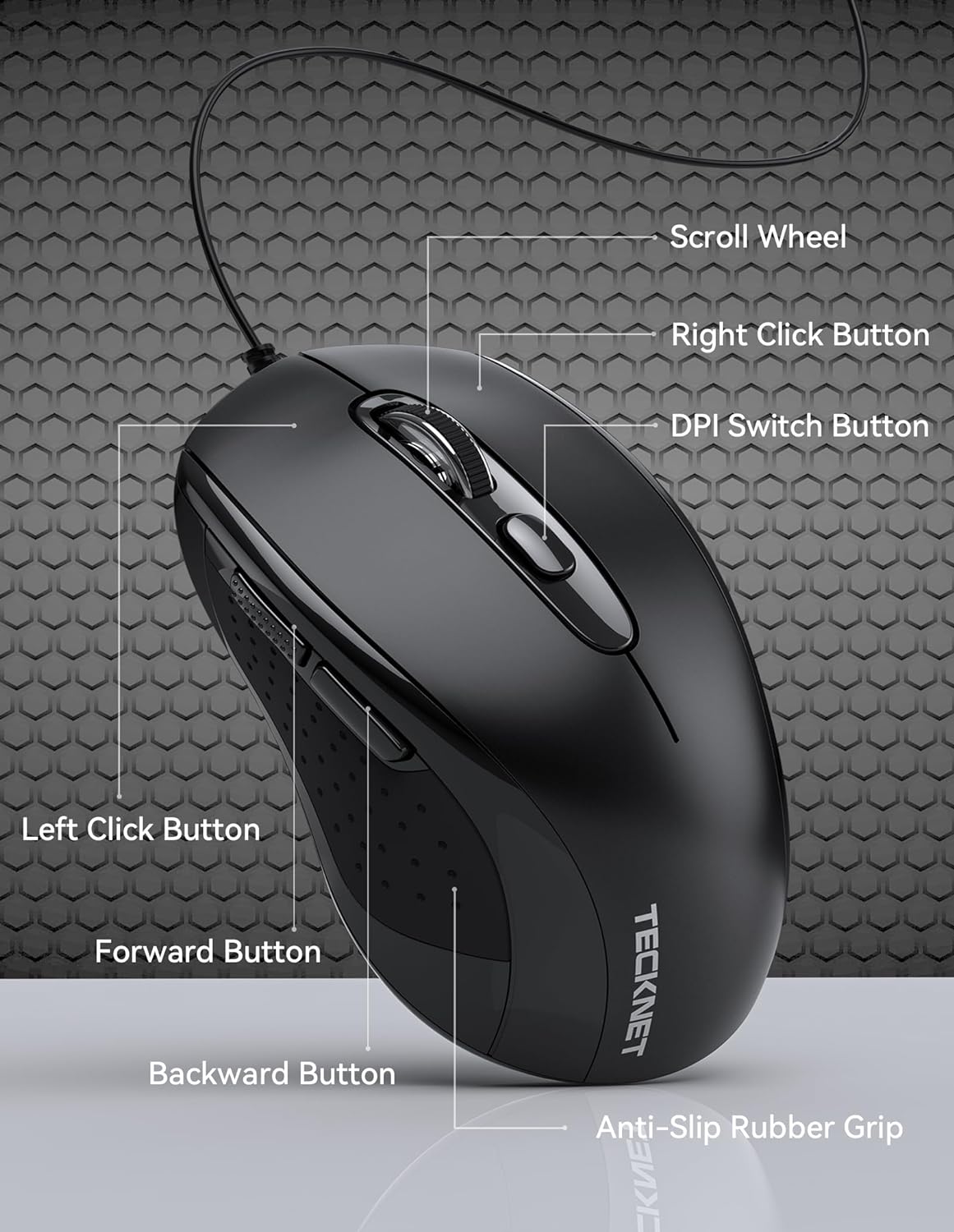 TECKNET Wired Mouse, Mice Wired Optical USB Computer Mouse With 3600 D