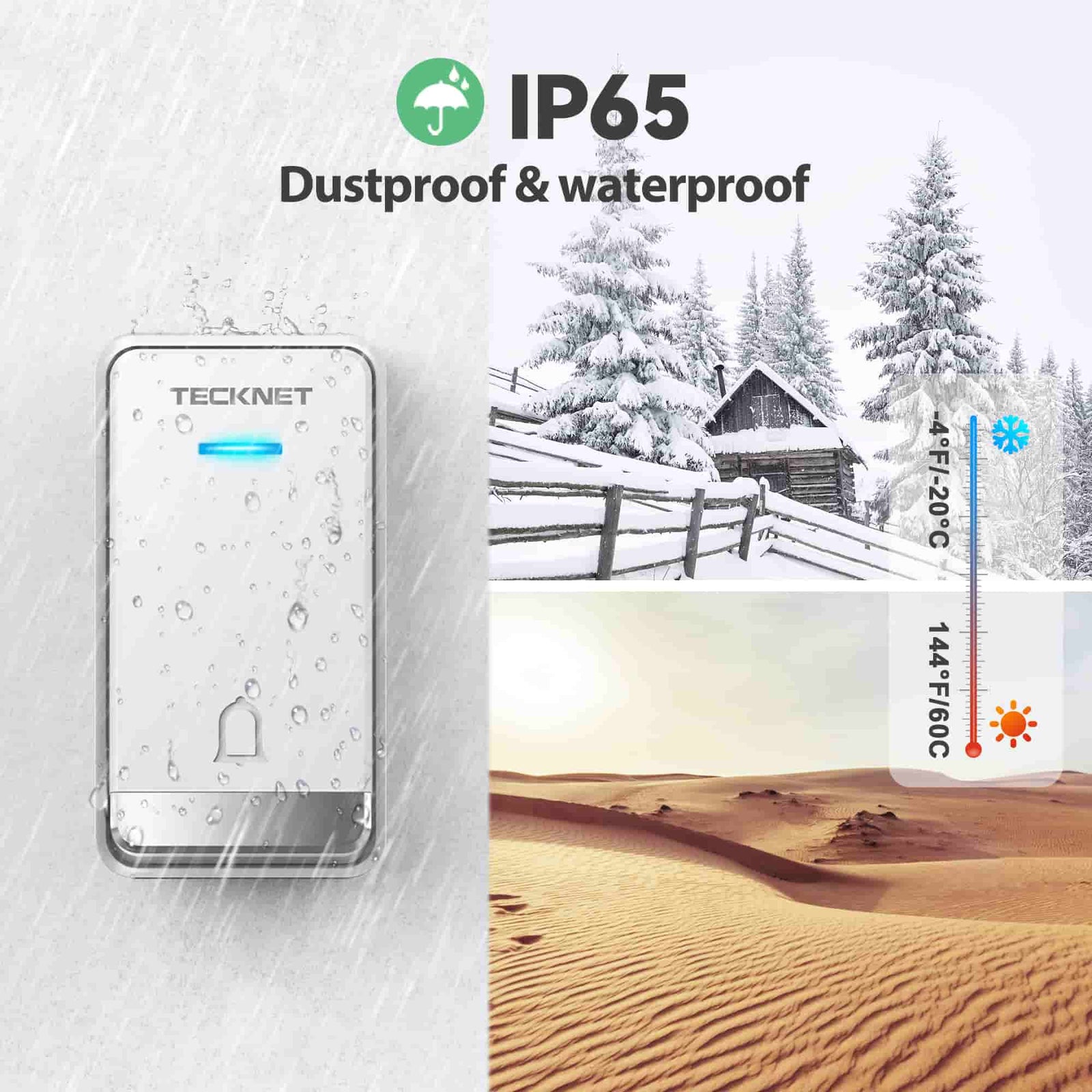 TECKNET Self-Powered Wireless Doorbell with UK Socket and USB