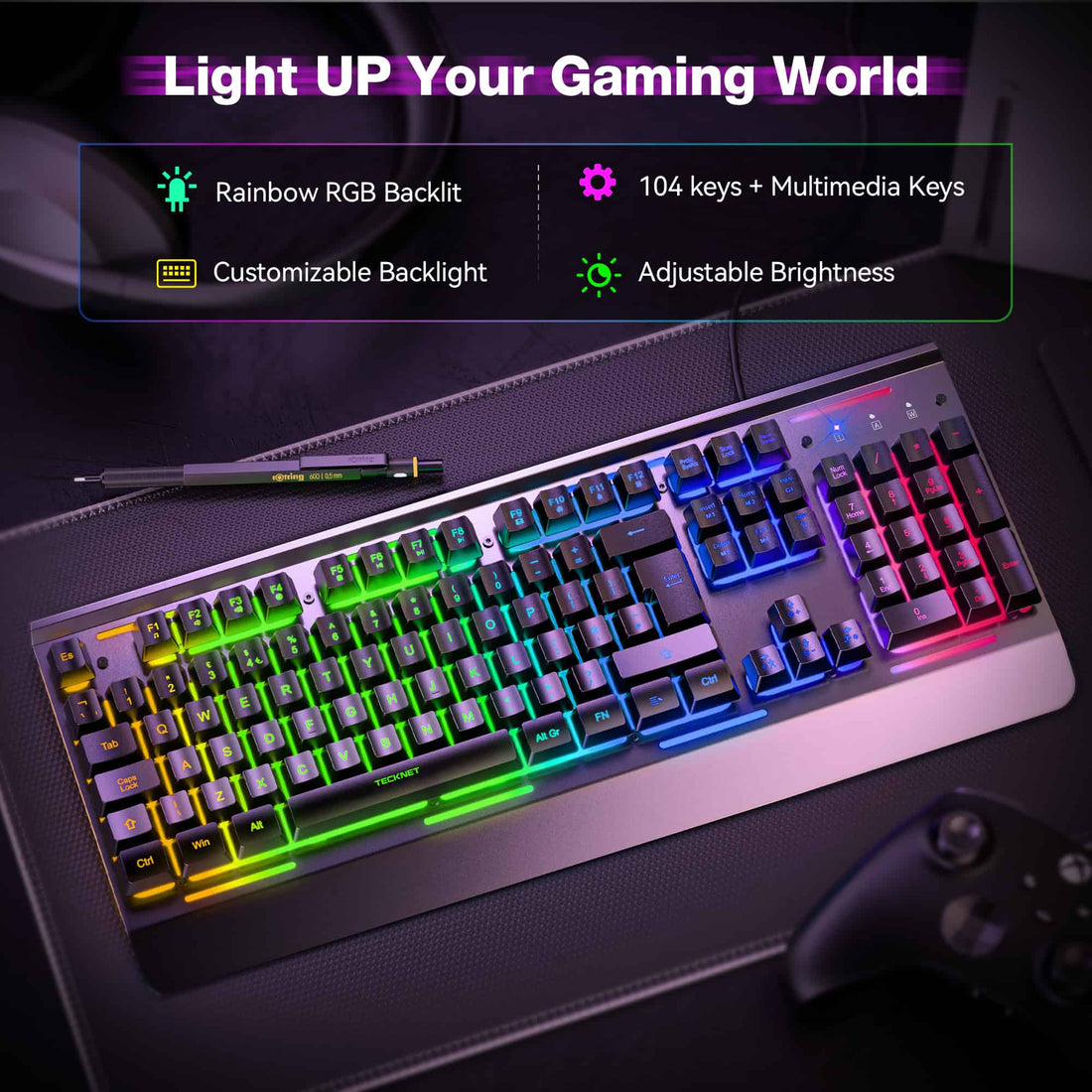 TECKNET RGB Gaming Keyboard, 105 Keys All-Metal Panel, 15 LED RGB Colo